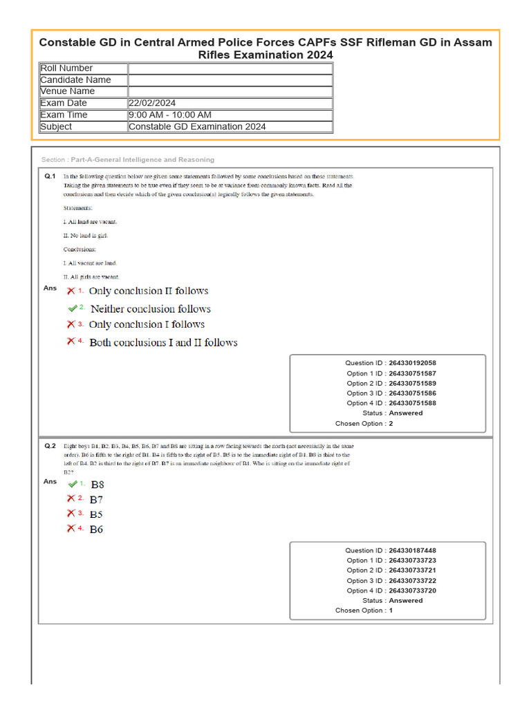 SSC GD Question Paper 2024 PDF in English 22-02-24 | PDF | Vocational ...