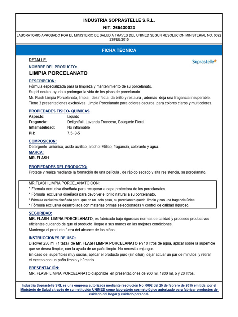 Ficha-Tecnica-Limpia-Porcelanato | PDF | Agua | Laboratorios