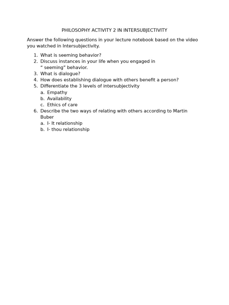 PHILOSOPHY Activity 2 in Intersubjectivity | PDF