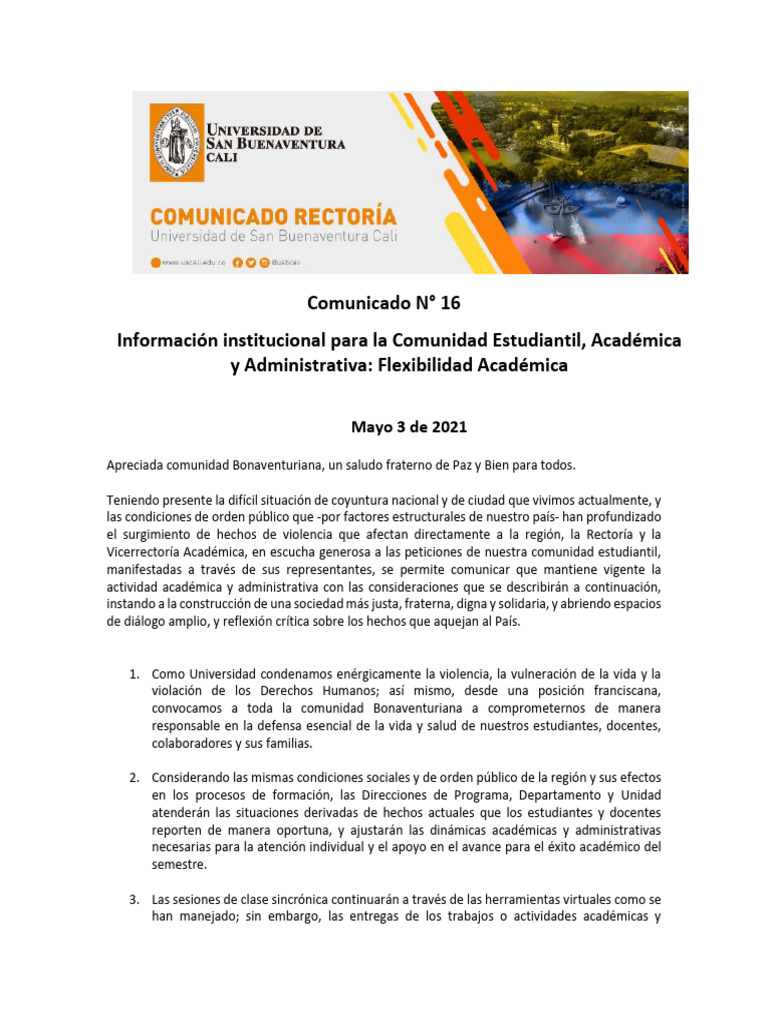 Comunicado Rectoria N 16 - Información Institucional para La Comunidad Estudiantil, Académica y ...