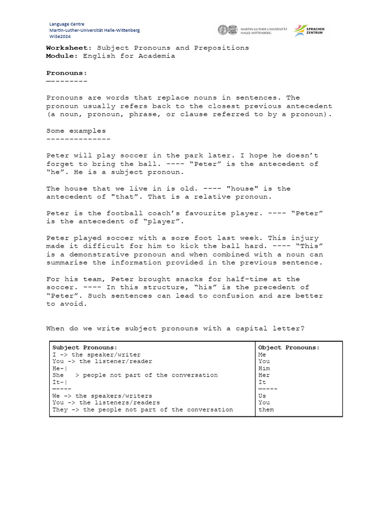 Subject Pronouns and Prepositions Guide | PDF | Pronoun | Preposition ...