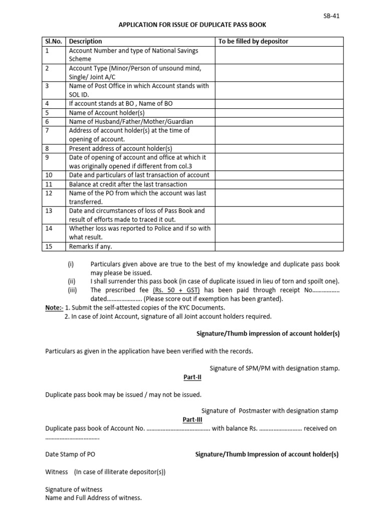 Duplicate Passbook Application Form SB-41 | PDF
