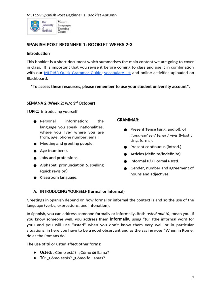 Booklet Weeks 2-3 MLT153 Post Beginner 1 | PDF | Lingüística