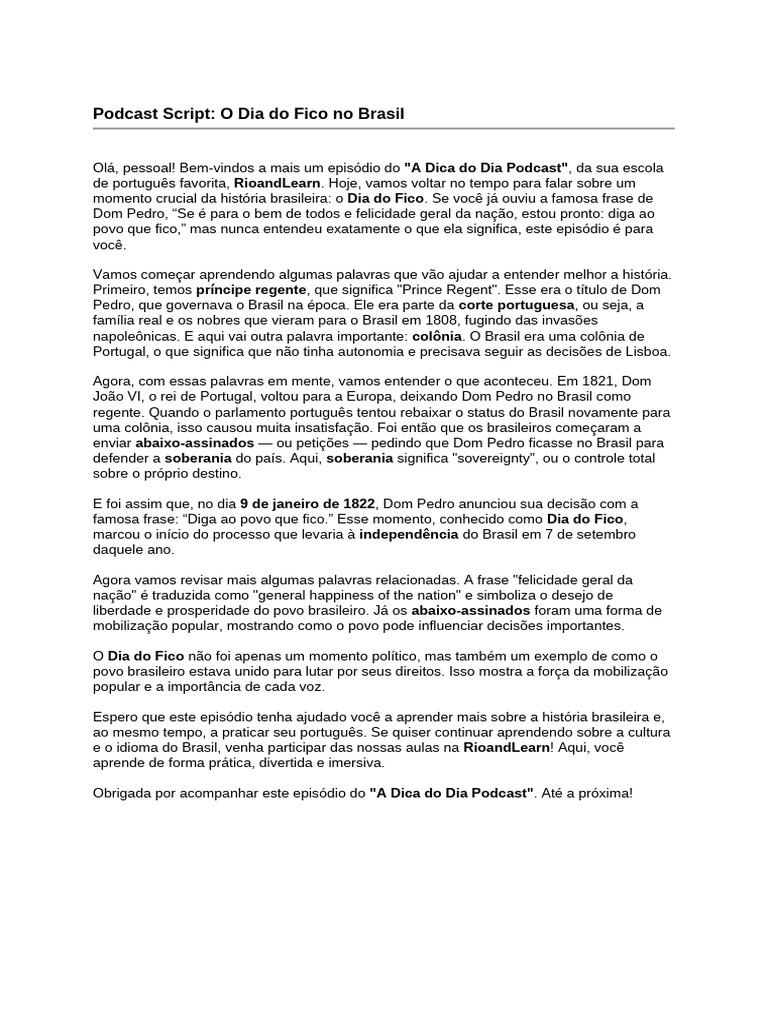 Dia Do Fico Script Pt | PDF | Brasil | Portugal
