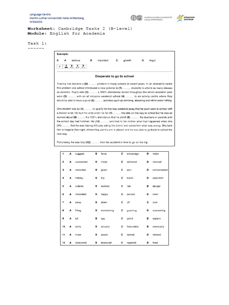 Worksheet Cambridge Tasks 2 8 Prac. | PDF