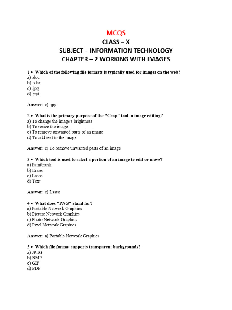 X IT MCQ - Working With Images | PDF | Image Editing | Digital Signal Processing