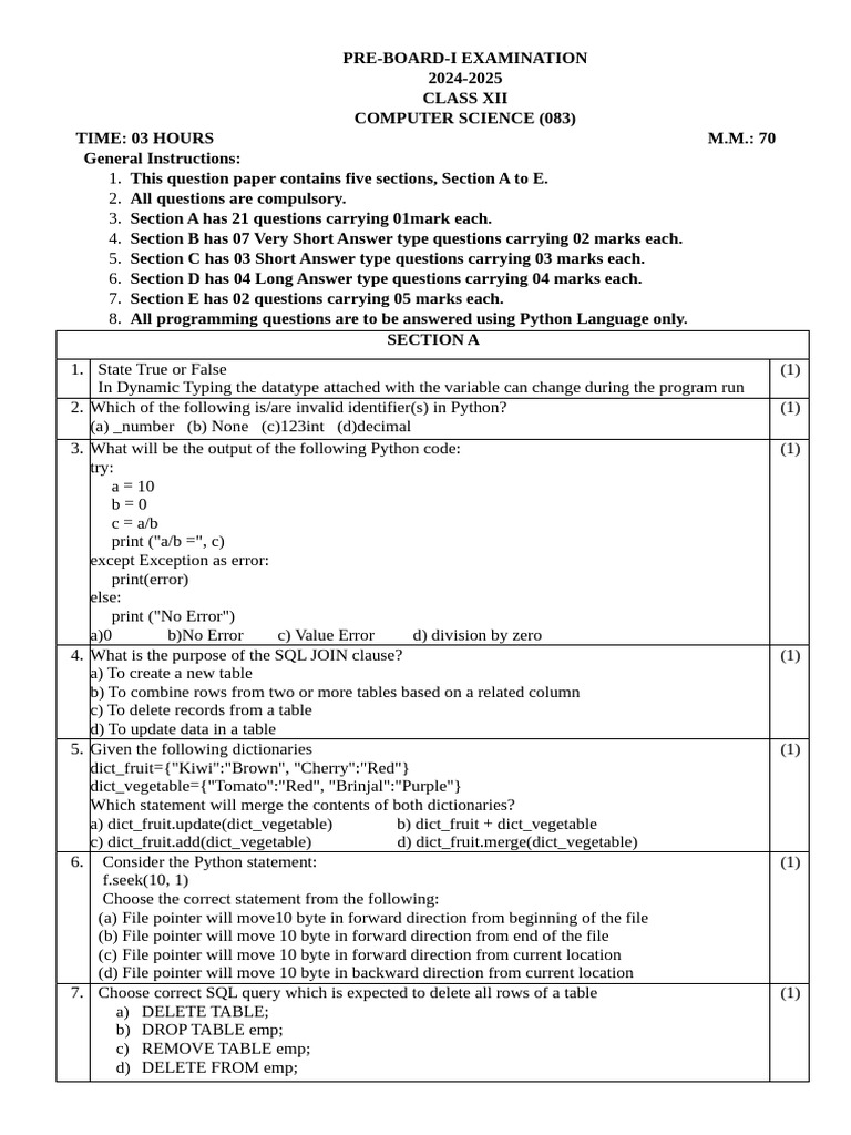 XII-PB1-2024-25 Set-B | PDF | Table (Database) | Databases
