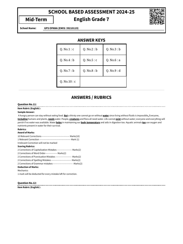 Class 7th Paper English Key | PDF