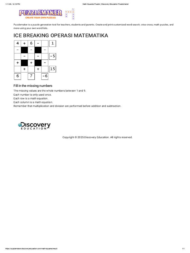 Math Squares Puzzle _ Discovery Education Puzzlemaker | PDF