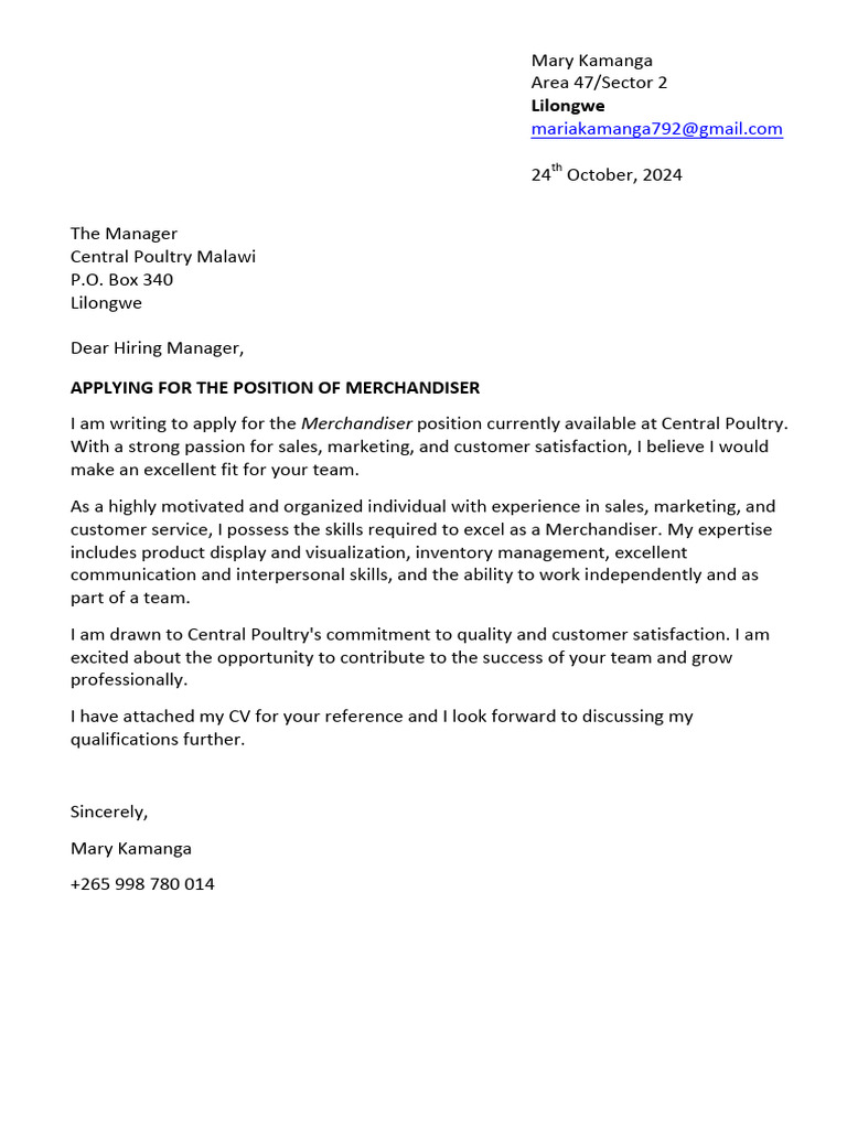 Merchandiser Application Letter | PDF