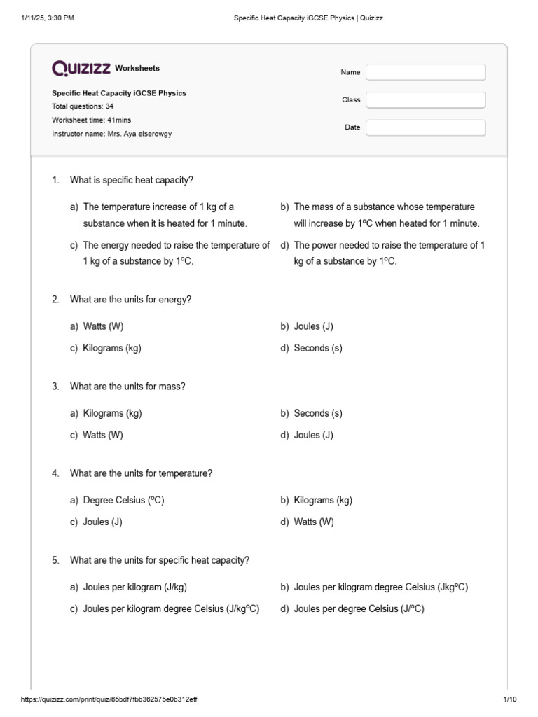 Specific Heat Capacity Igcse Physics Quizizz Pdf Heat Capacity Heat