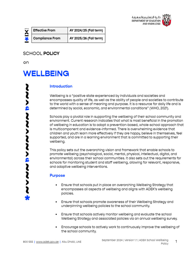 ADEK_S_Wellbeing Policy_EN | PDF | Well Being | Evaluation