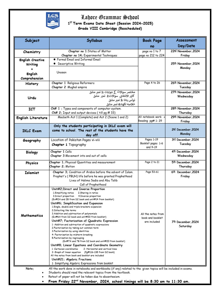 Grade 8C Rescheduled (1st Term Datesheet) Session 2024 - 2025 (1 ...