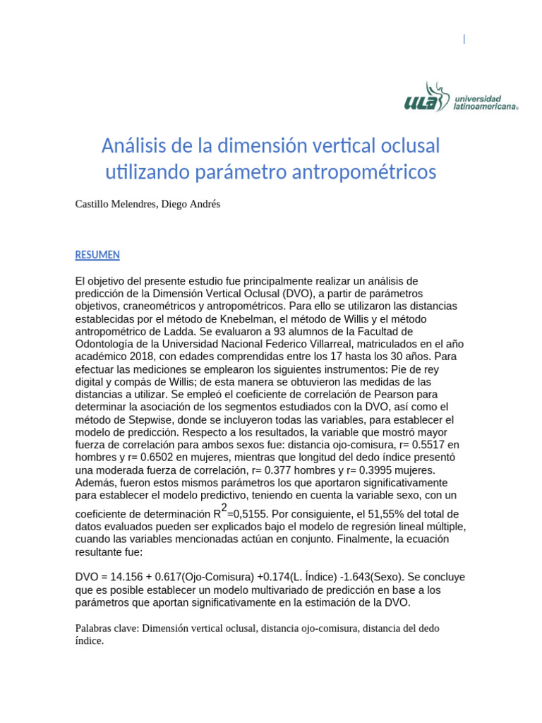 Análisis de Dimensión Vertical Oclusal | PDF | Regresión lineal ...