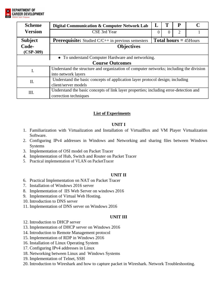 Syllabus Practical Kargil 5thsemester DCCN CSP-309 | PDF | Computer Network | Virtual Machine