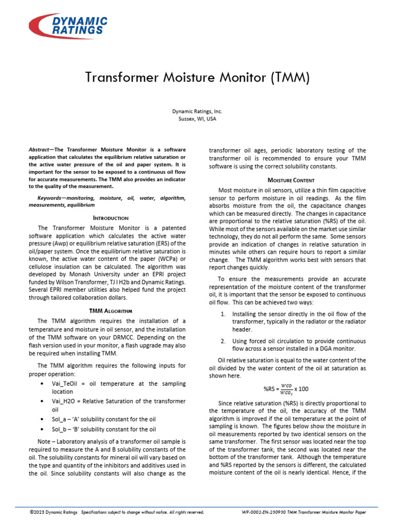 WP 0002 en 230930 TMM Transformer Moisture Monitor Paper | PDF | Chemical Equilibrium | Temperature