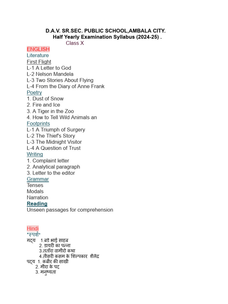 Half Yearly Syllabus | PDF