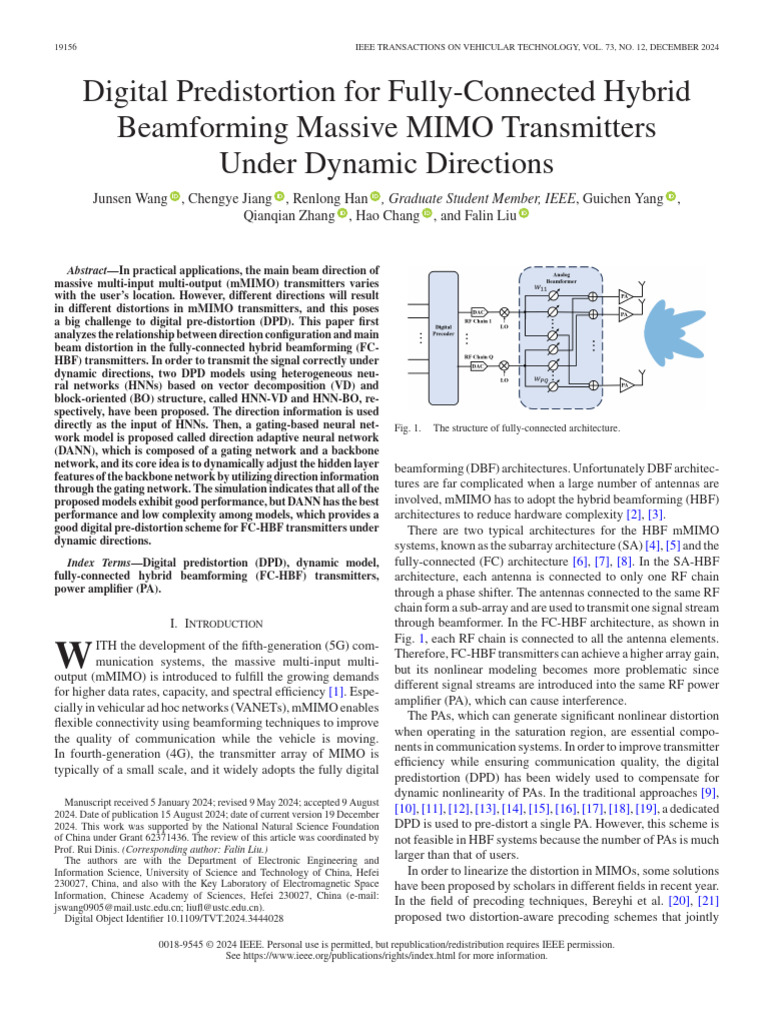 Digital Predistortion for Fully-Connected Hybrid Beamforming Massive MIMO Transmitters Under ...