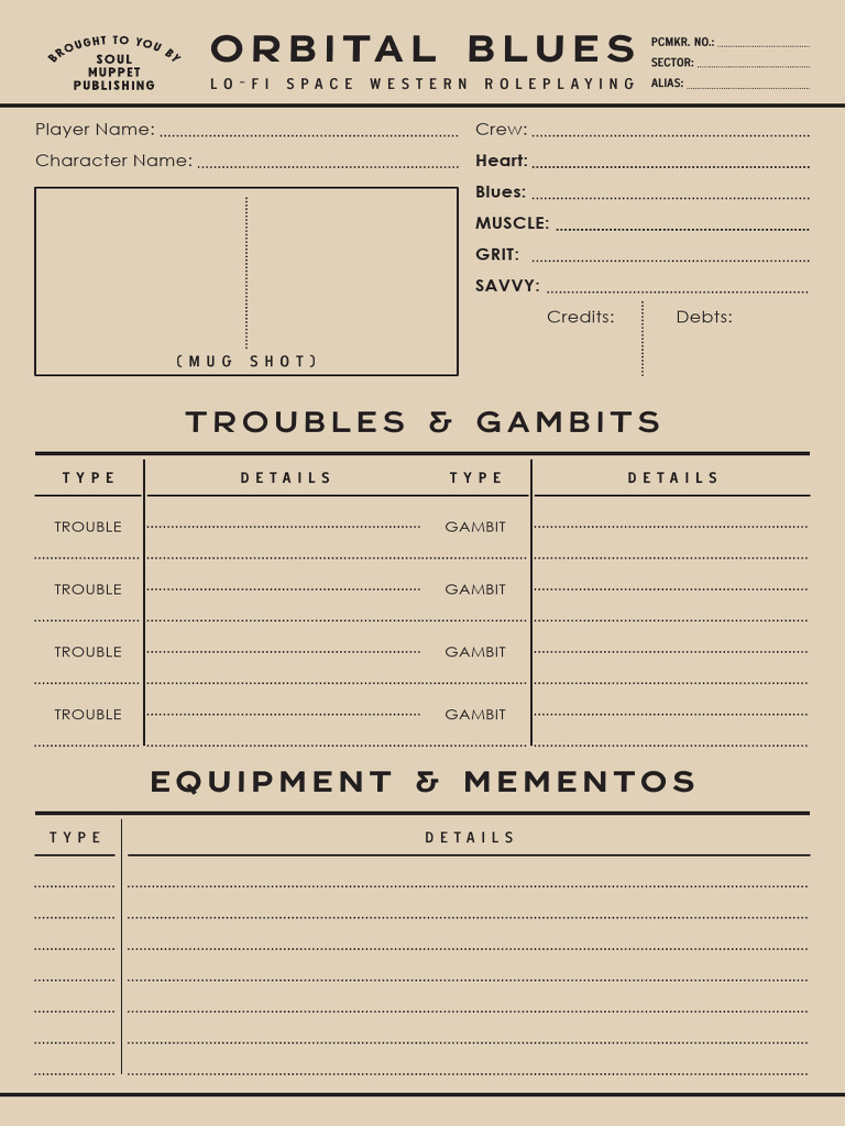 Orbital Blues Character Sheet v1.2 (Form Fillable) | PDF
