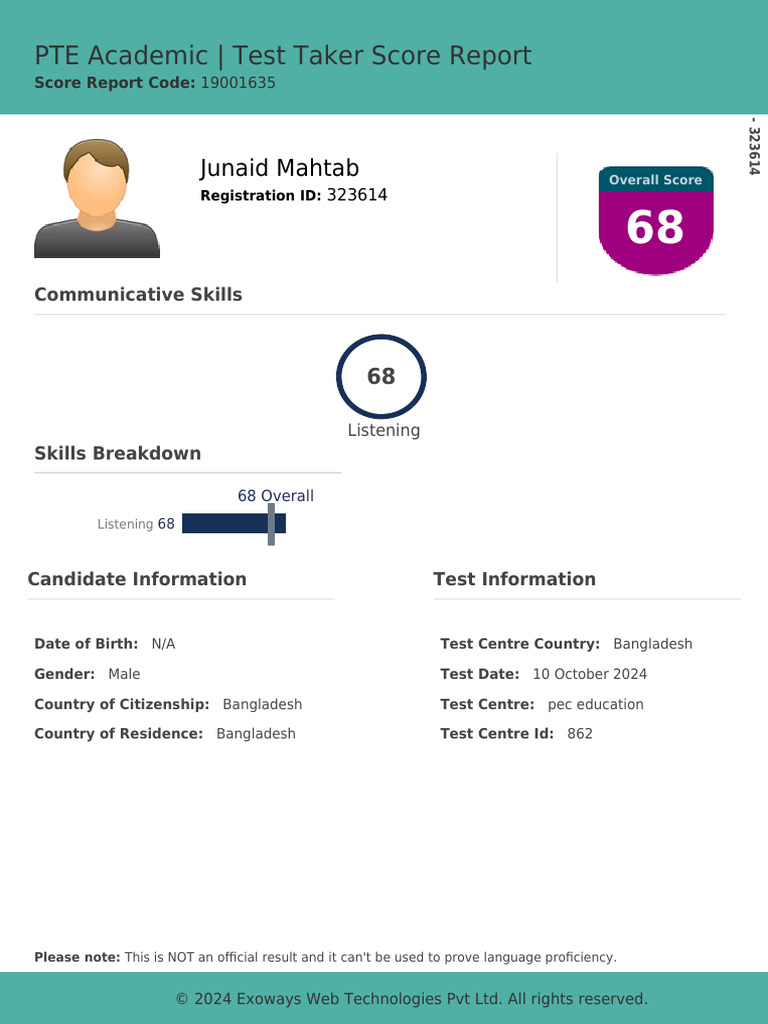 PTE - Scorecard of Junaid Mahtab (Listening) | PDF
