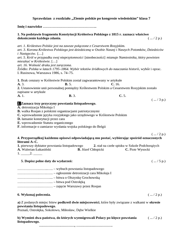 Rozdział 2 Ziemie Polskie Po Kongresie Wiedeńskim Kl. 7 | PDF