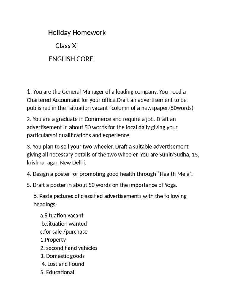 XI ENGLISH HOLIDAY HOMEWORK-1 | PDF