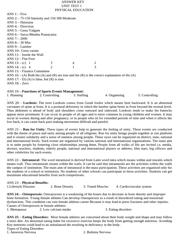 UNIT TEST 1 Class 12th A ANSWER KEY | PDF | Bulimia Nervosa | Osteoporosis