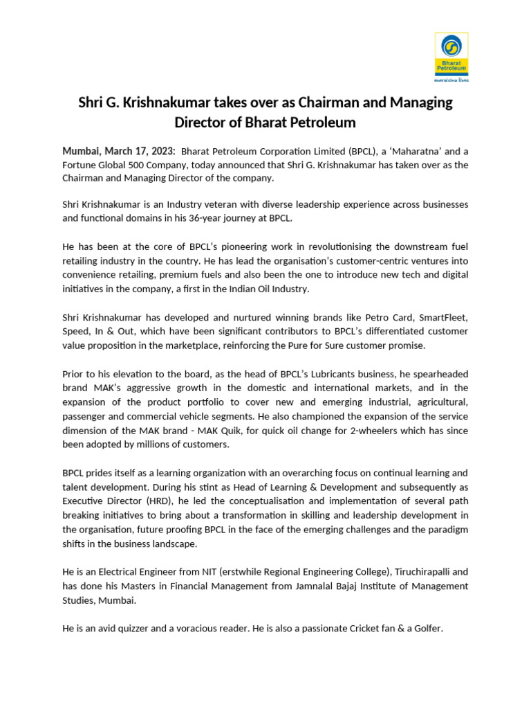 G. Krishnakumar Becomes BPCL MD | PDF | Hydrocarbons | Petroleum