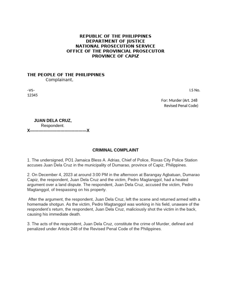 Murder Complaint Against Juan Dela Cruz | PDF