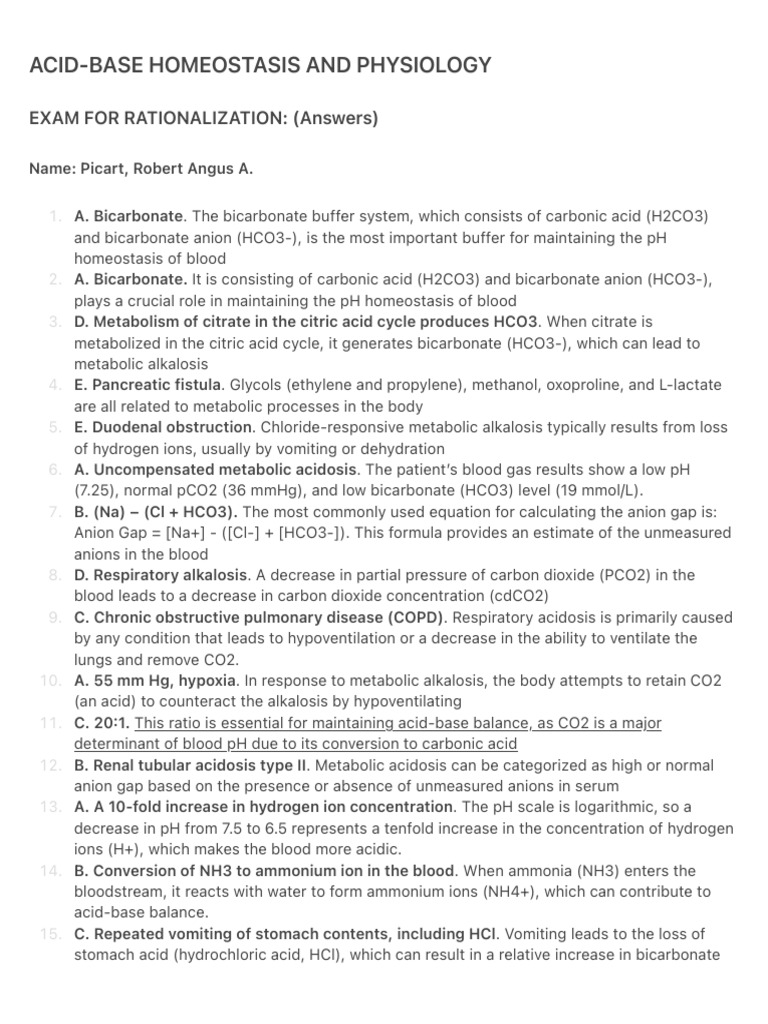 Acid Base Homeostasis and Physiology | PDF | Bicarbonate | Physiology