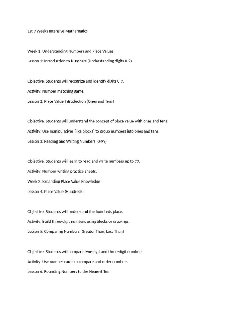 Intensive Math 1st 9 Weeks Lesson Plans | PDF | Numbers | Arithmetic