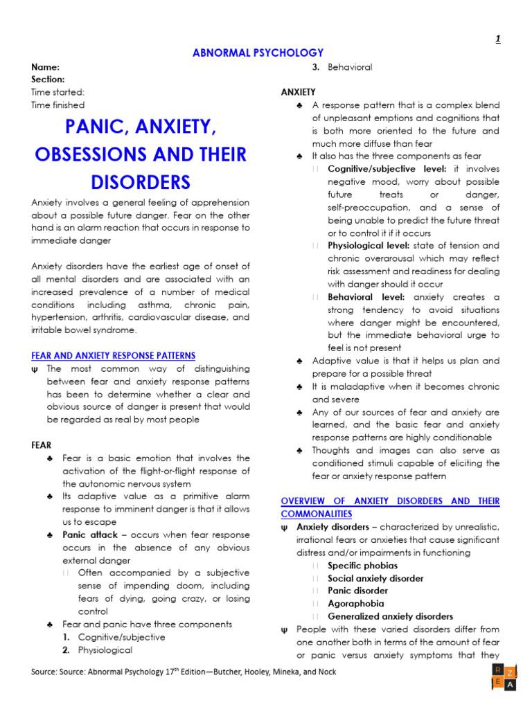 Abnormal Psychology - CH6 - Panic, Anxiety, Obsessions, and Their ...
