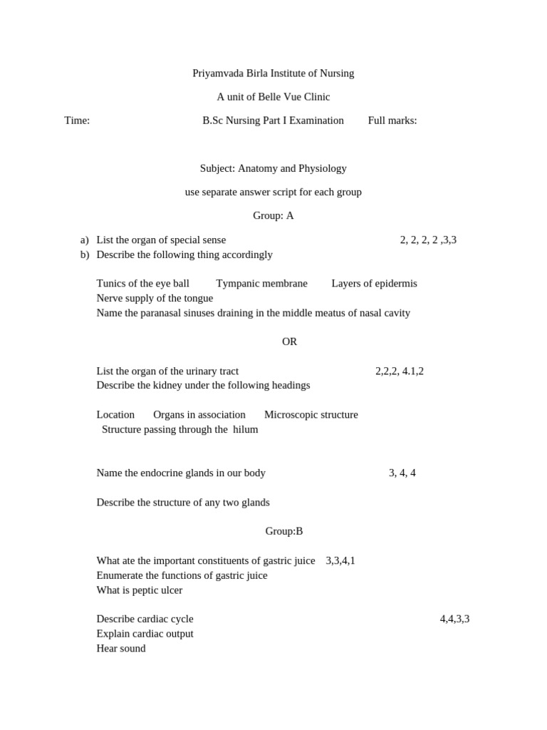 Anatomu and Physiology Question Paper | PDF