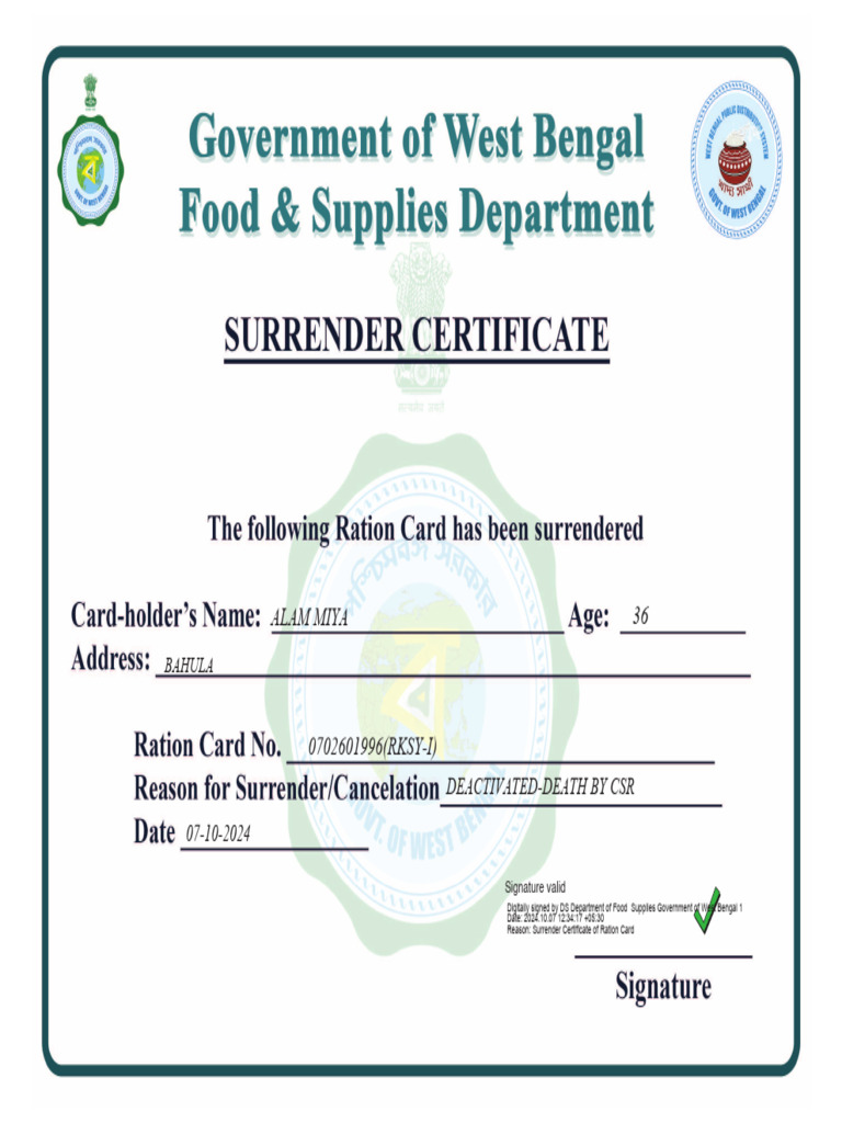 Surrender Certificate ALAM MIYA | PDF