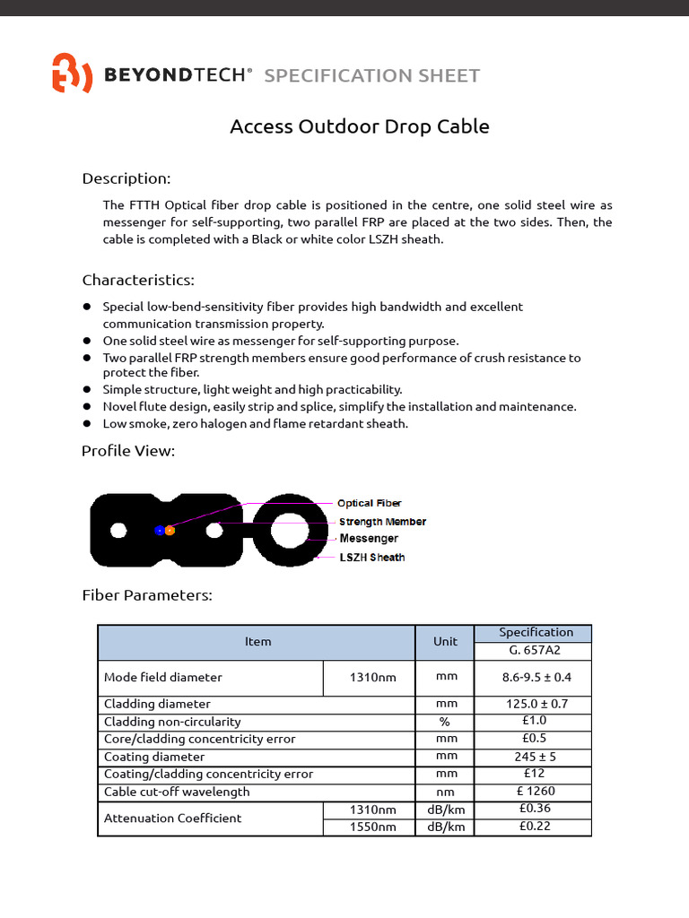 Outdoor FTTH Drop Cable - BEYONDTECH | PDF | Optical Fiber ...