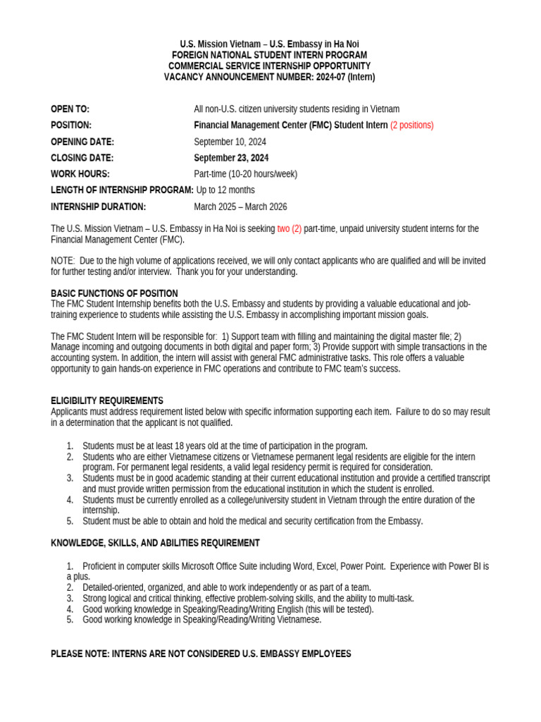 2024 07 Local Student Intern FMC | PDF | Internship | Job Hunting