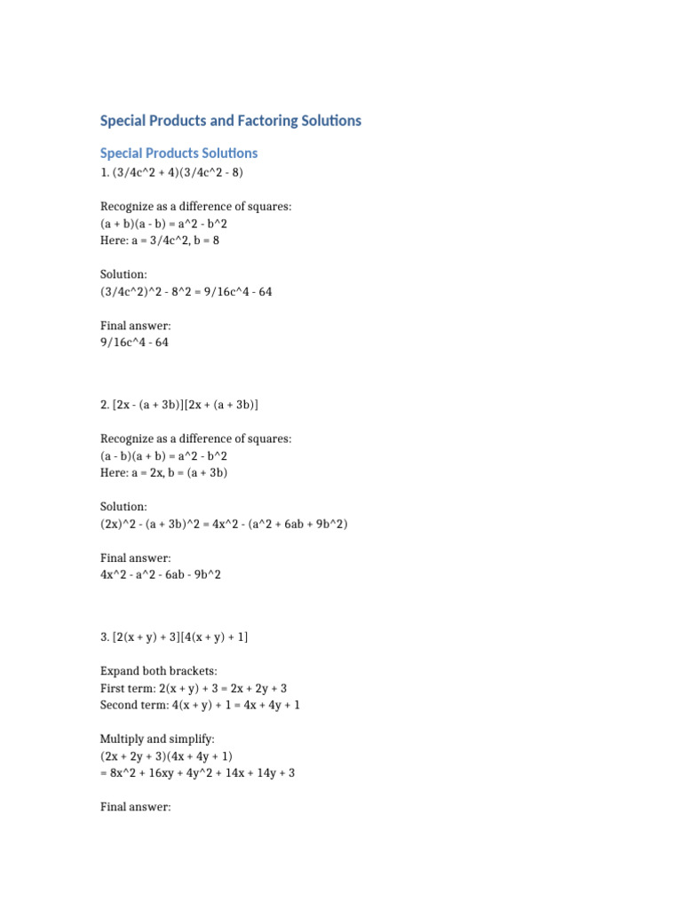 Special Products and Factoring Solutions | PDF | Quadratic Equation ...