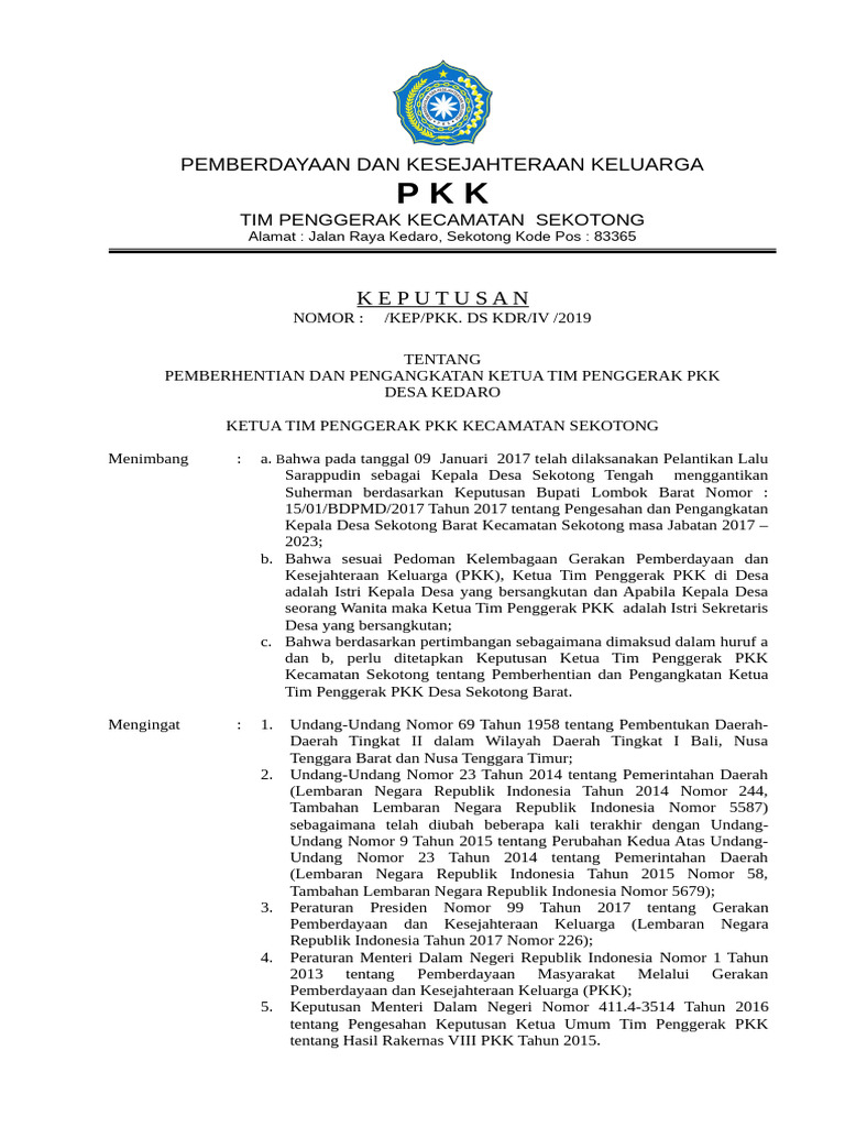 Contoh SK Ketua PKK Desa Yang Mandiri Yang Dibagikan Ke Masing-Masing Ketua Dan Harus Di ...