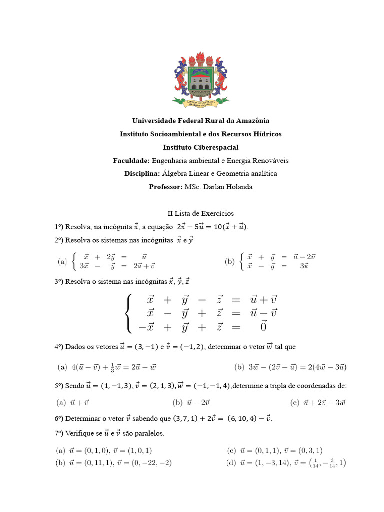 Lista 2 de Exercícios Álgebra Linear (Vetores) | PDF | Vetor euclidiano | Álgebra