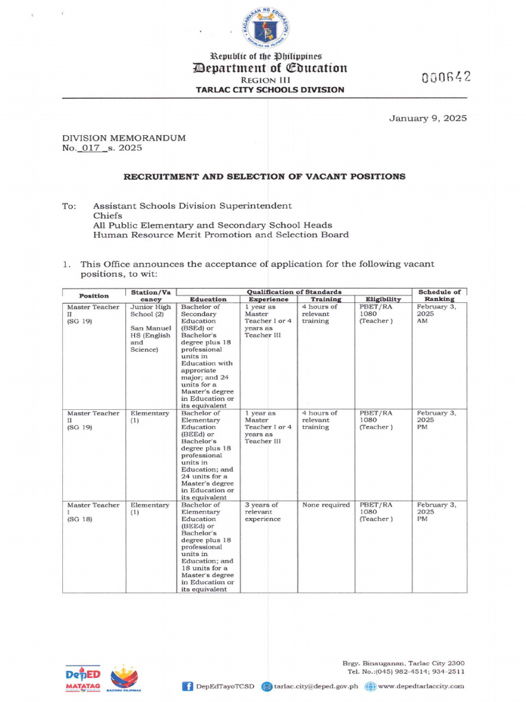 Division Memo No. 017 S. 2025 - RECRUITMENT SELECTION OF VACANT ...