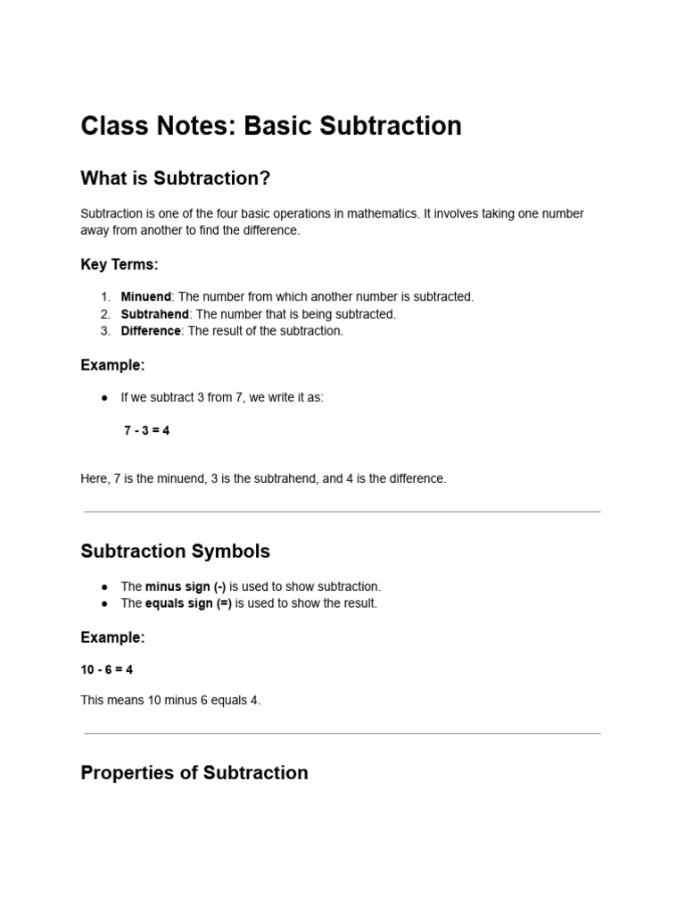 Class Notes - Basic Subtraction | PDF