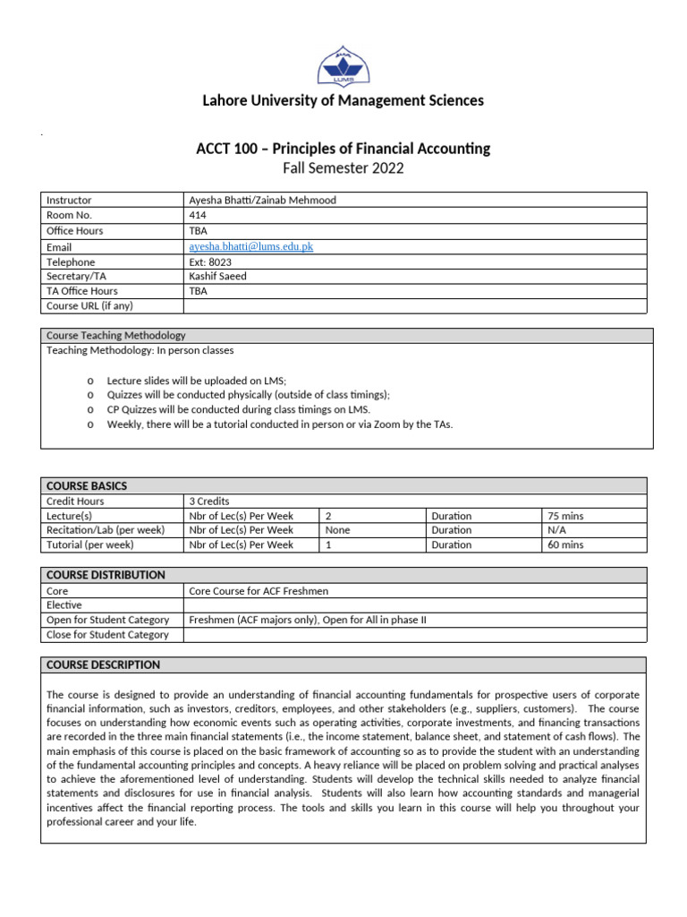 ACCT 100 POFA Course Outline Fall Semester 2022-23 Updated | PDF ...