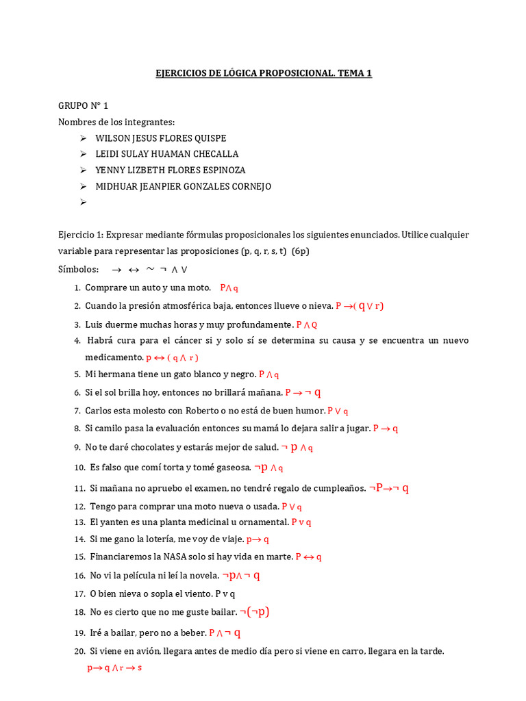 Practica N°1 de Logica Proposicional Grupo 5 | PDF | Proposición | Lógica matemática
