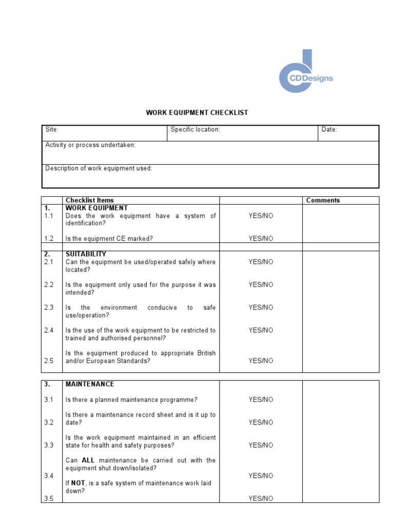 Work Equipment Checklist | PDF | Personal Protective Equipment | Prevention
