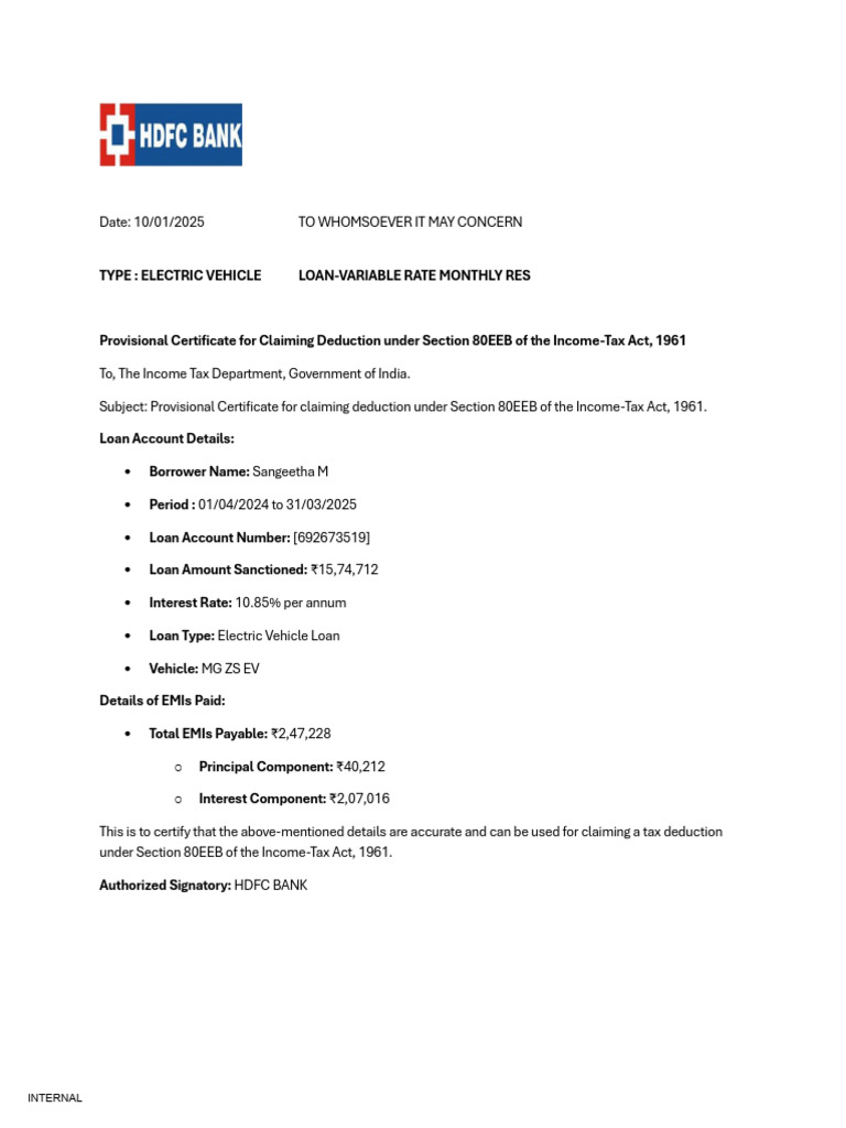 EV Loan Tax Deduction Certificate | PDF