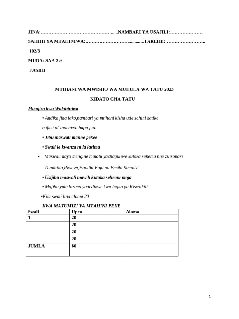 Kiswahili f3t3 Pp3 Qs | PDF