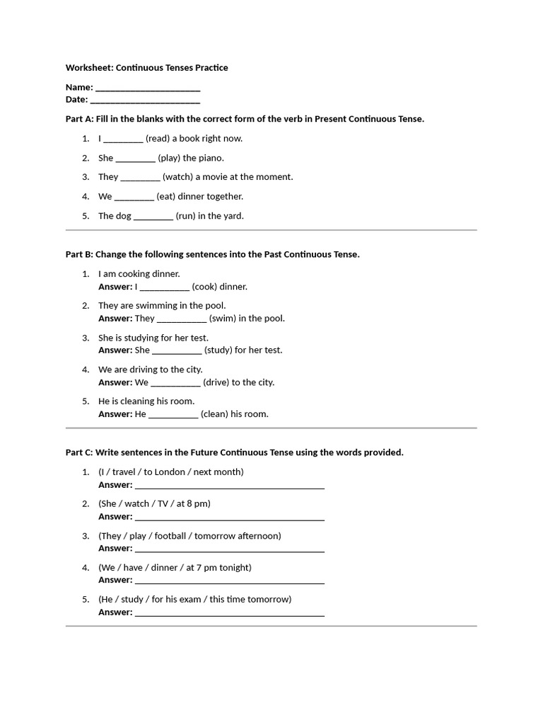 Continuous Tenses Practice Worksheet | PDF | Linguistics