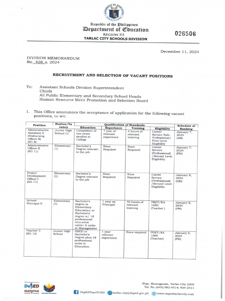 Division Memo No. 428 s. 2024 Recruitment Selection of Vacant Positions | PDF