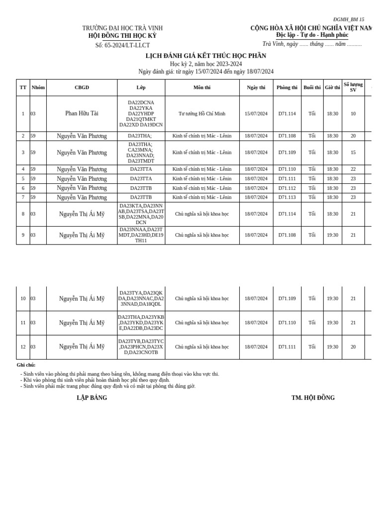 Lich Thi-ktctml, Tthcm- Thi 15-18.7.24 | PDF