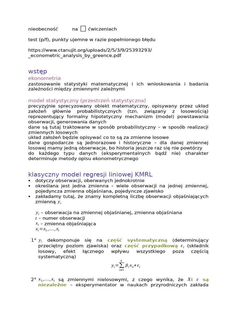 Ekonometria Wykład | PDF